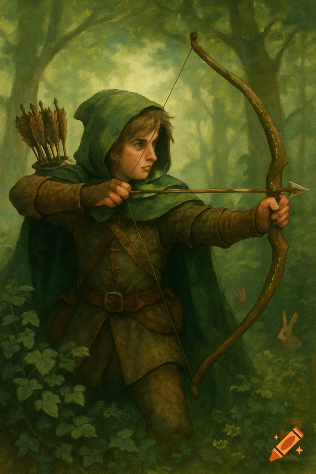 A medieval peasant archer aims a bow in a misty forest. on Craiyon