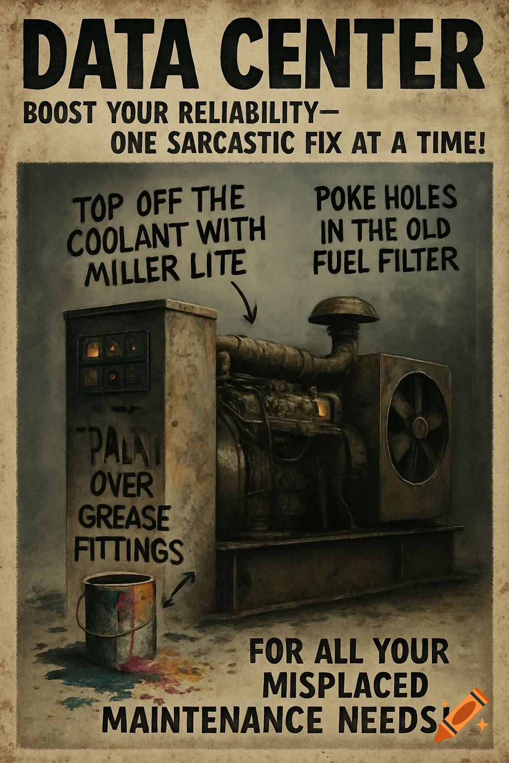 A vintage-style poster for a data center, featuring a diesel generator ...