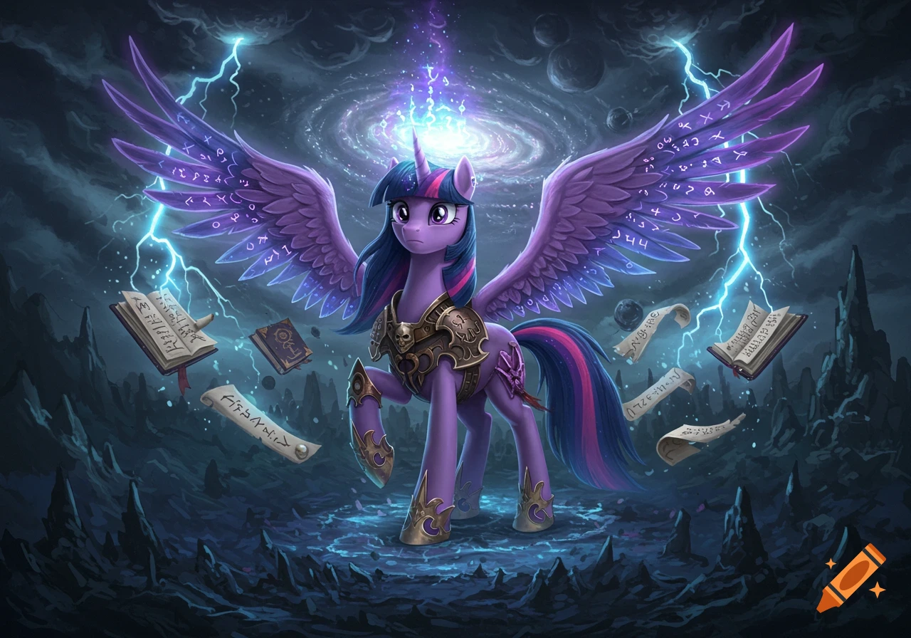 Twilight Sparkle, a purple winged unicorn, wears golden armor and ...