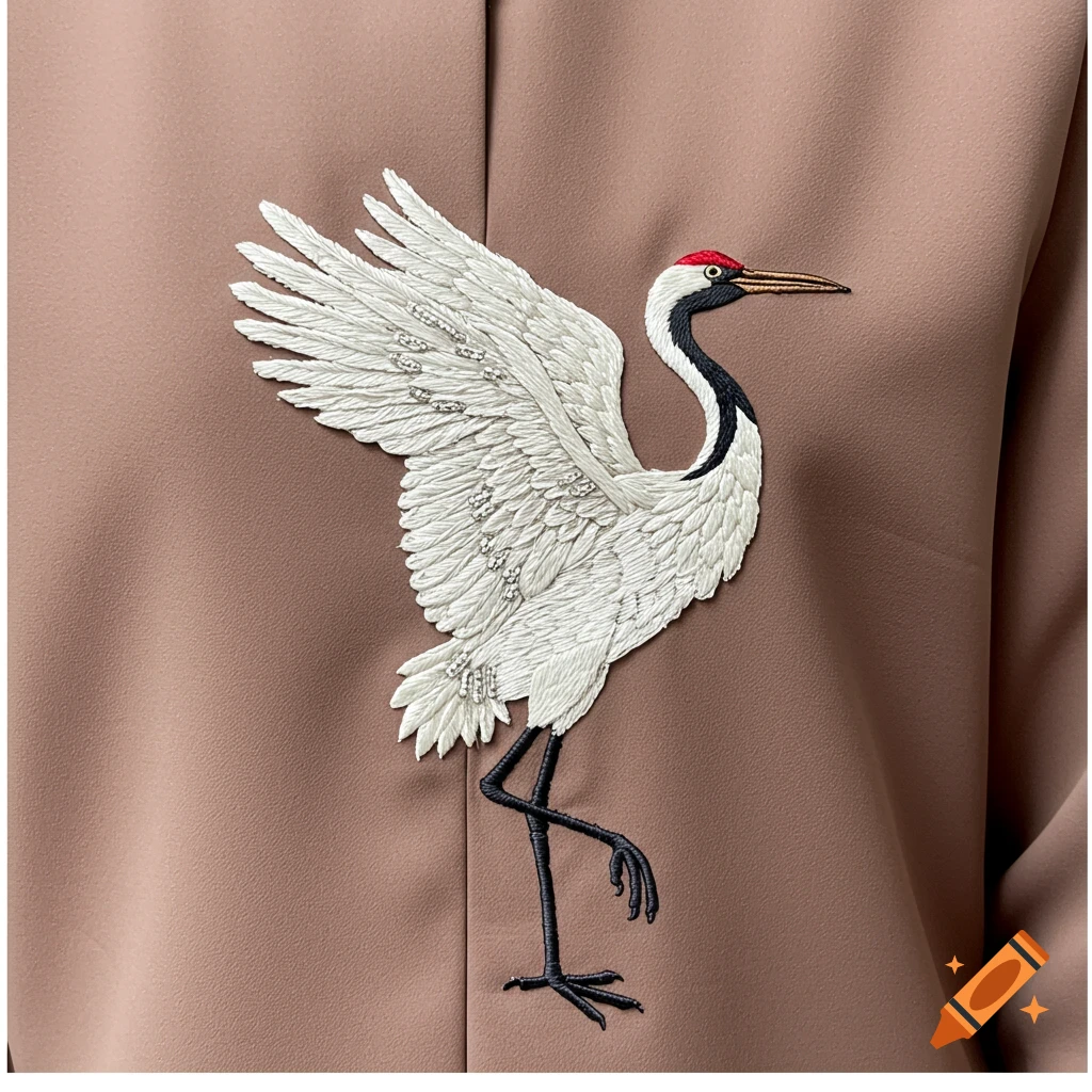 Detailed white crane embroidery with spread wings and red head on a ...