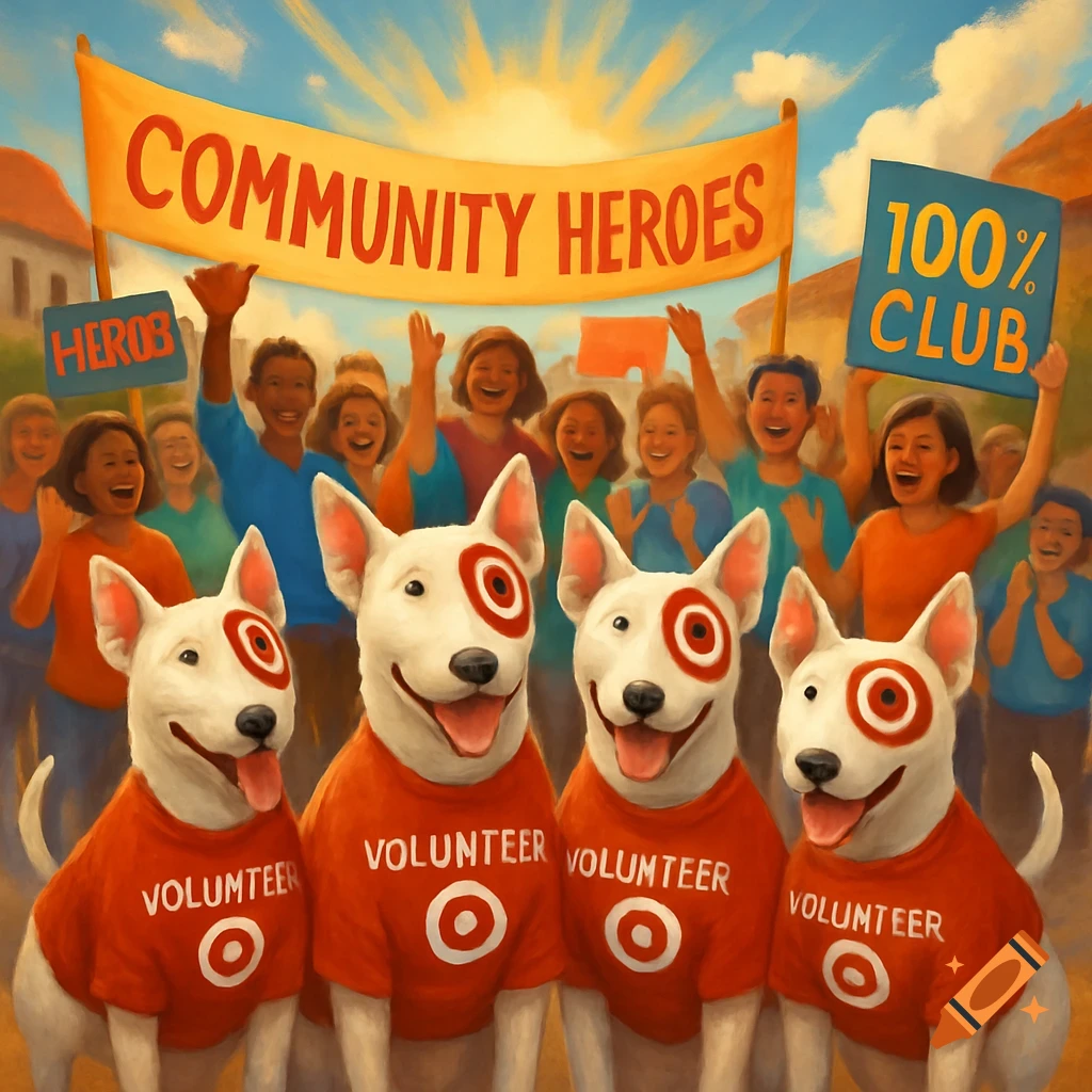 Four Bull Terrier dogs in red 'Volunteer' shirts with Target logos ...