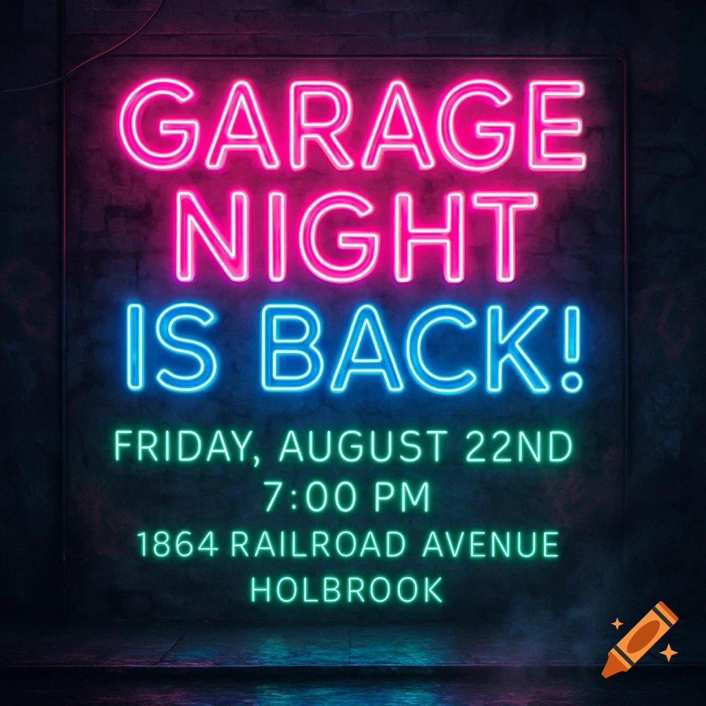 Neon sign on a dark brick wall advertising 'Garage Night Is Back!' with ...