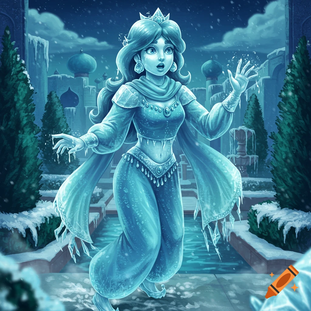 An illustrated ice statue of Princess Daisy dressed as Princess Jasmine ...