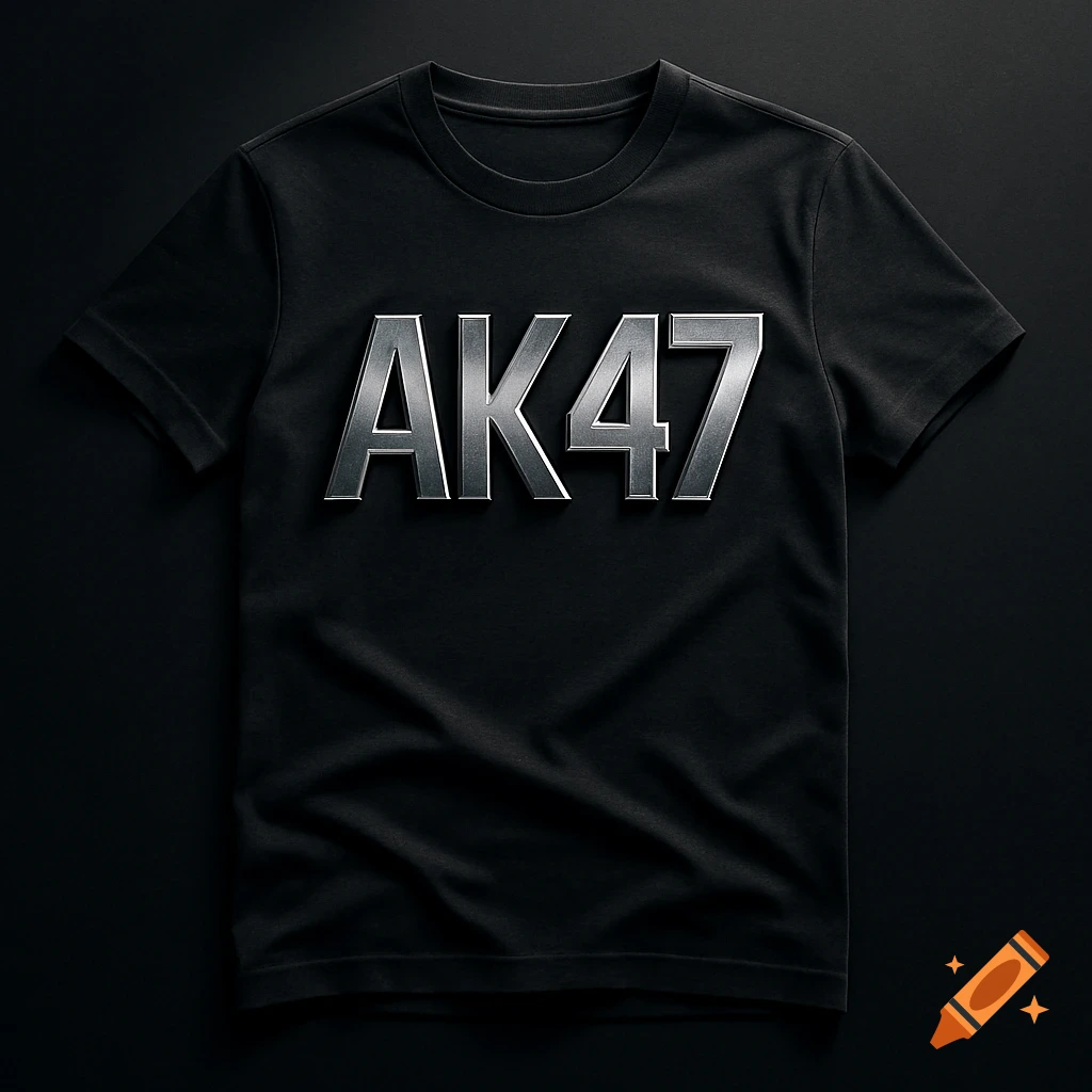 A black t-shirt with a shiny silver metallic V-shaped logo on the chest ...