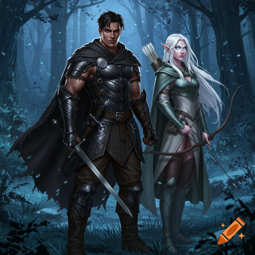 A human warrior in black armor and an elf archer with a bow stand in a ...