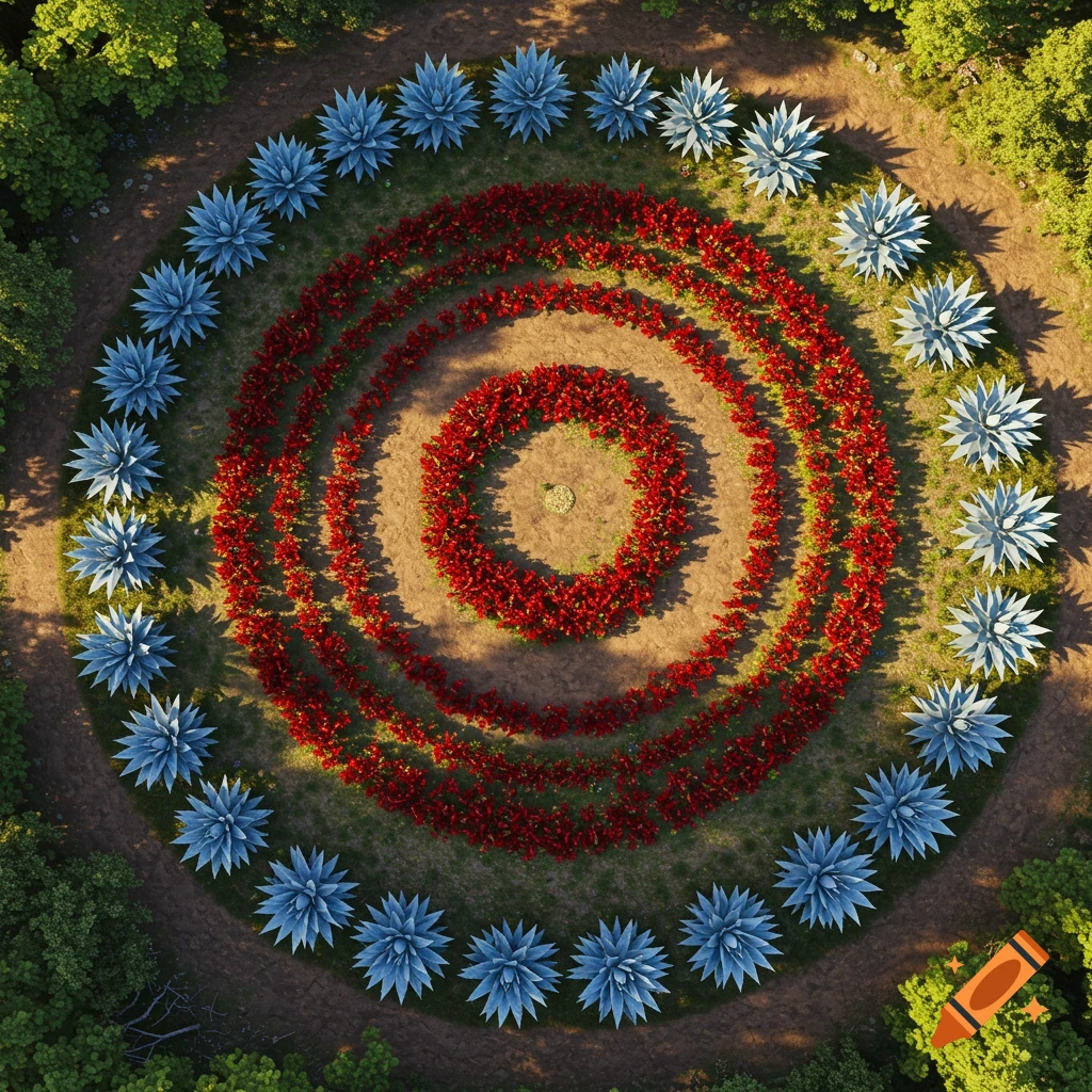 Birds-eye view of a circular garden with blue agave plants around the ...