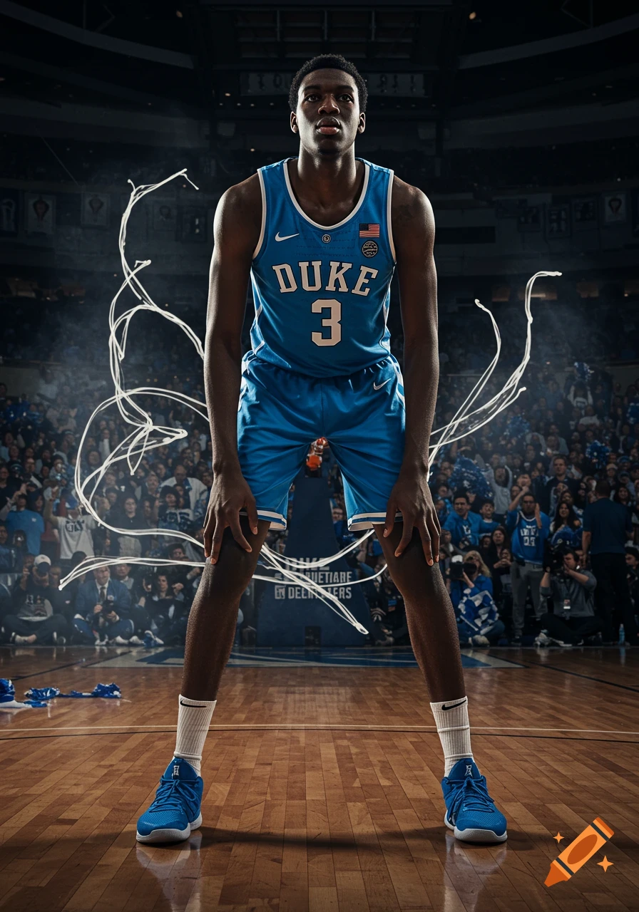 A tall male basketball player in a blue Duke jersey with number 3 ...