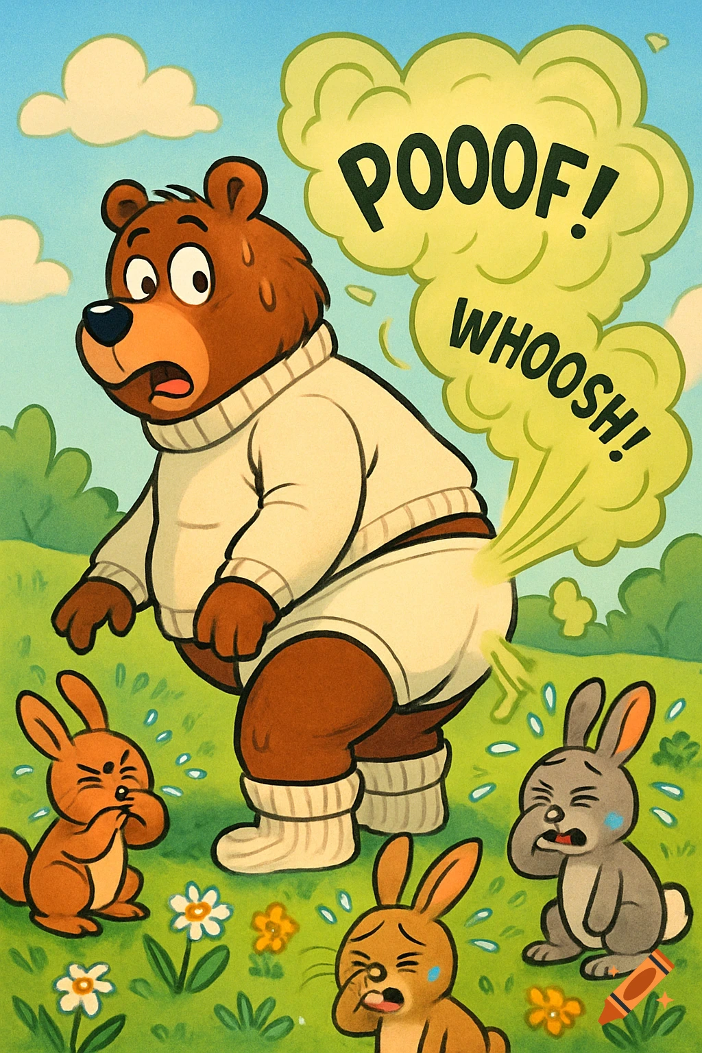 A cartoon grizzly bear in a sweater and briefs farts, creating green ...