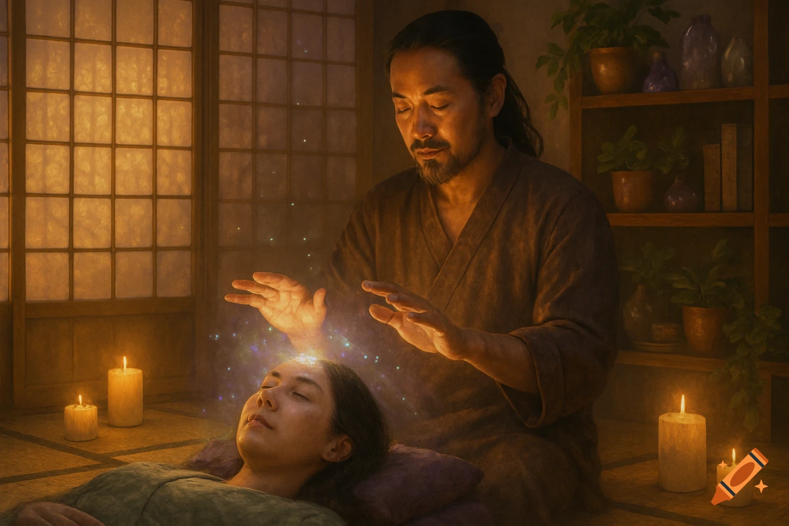 A man with closed eyes hovers glowing hands over a reclining woman's ...