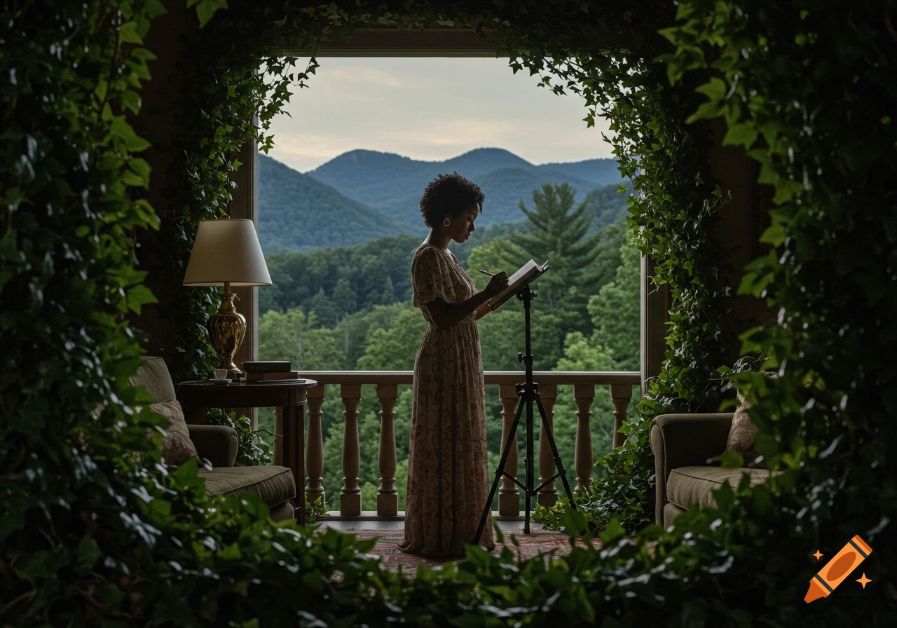 A woman stands on a balcony covered in ivy, writing in a book ...