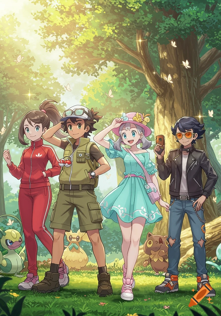 Anime-style illustration of a green-haired Pokemon trainer in a field ...