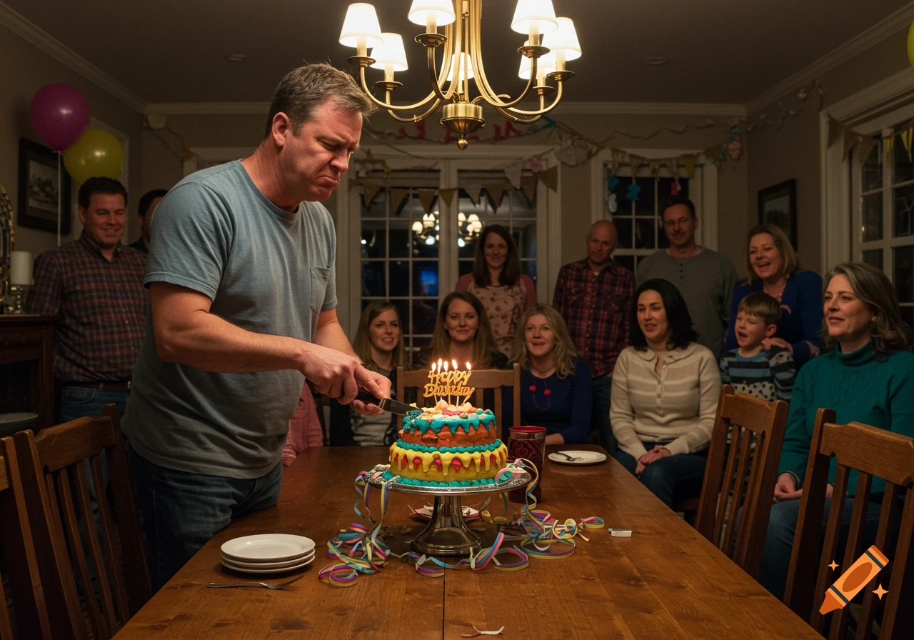 A man cuts a birthday cake with lit candles while family and friends ...