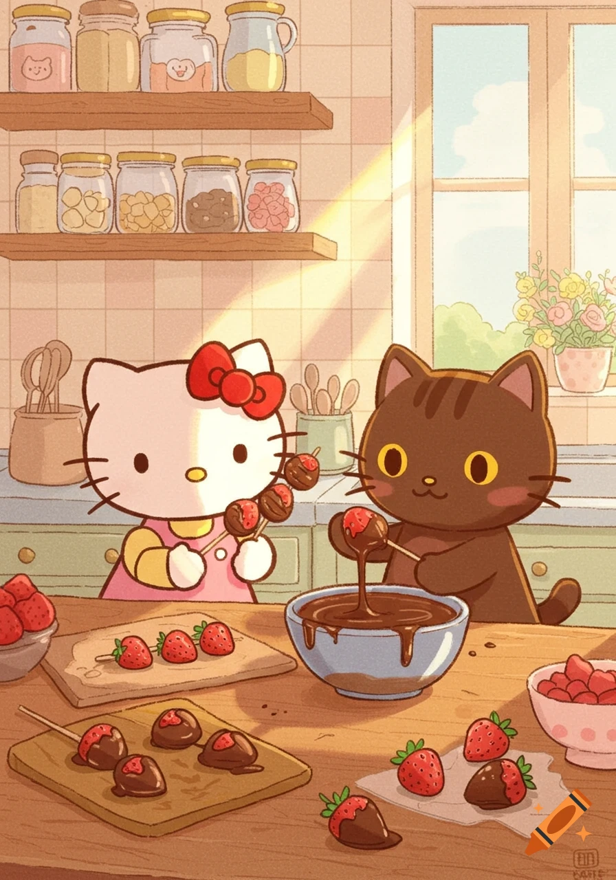Hello Kitty and Chococat making chocolate-covered strawberries in a ...
