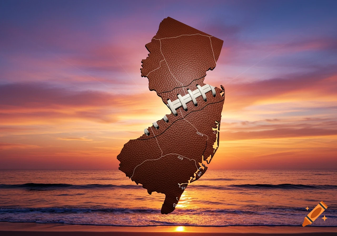 A football shaped like the state of New Jersey floats over a sunset ...