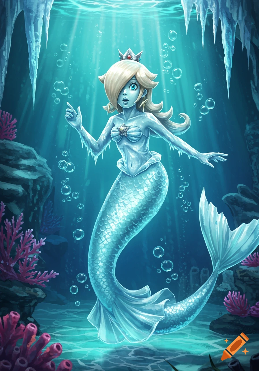 An illustration of Rosalina as a surprised ice mermaid in an underwater ...