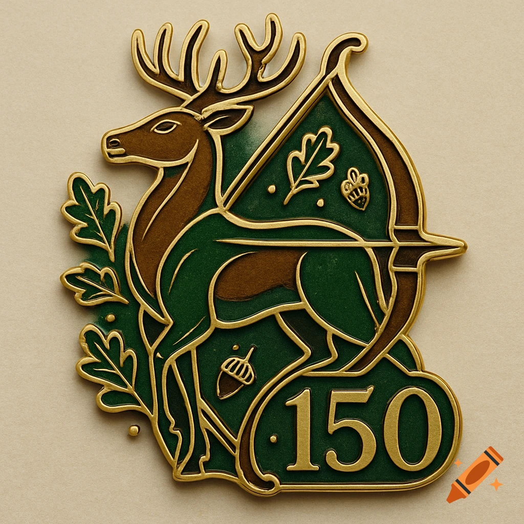 A gold and green enamel pin emblem featuring a deer, a bow, oak leaves ...