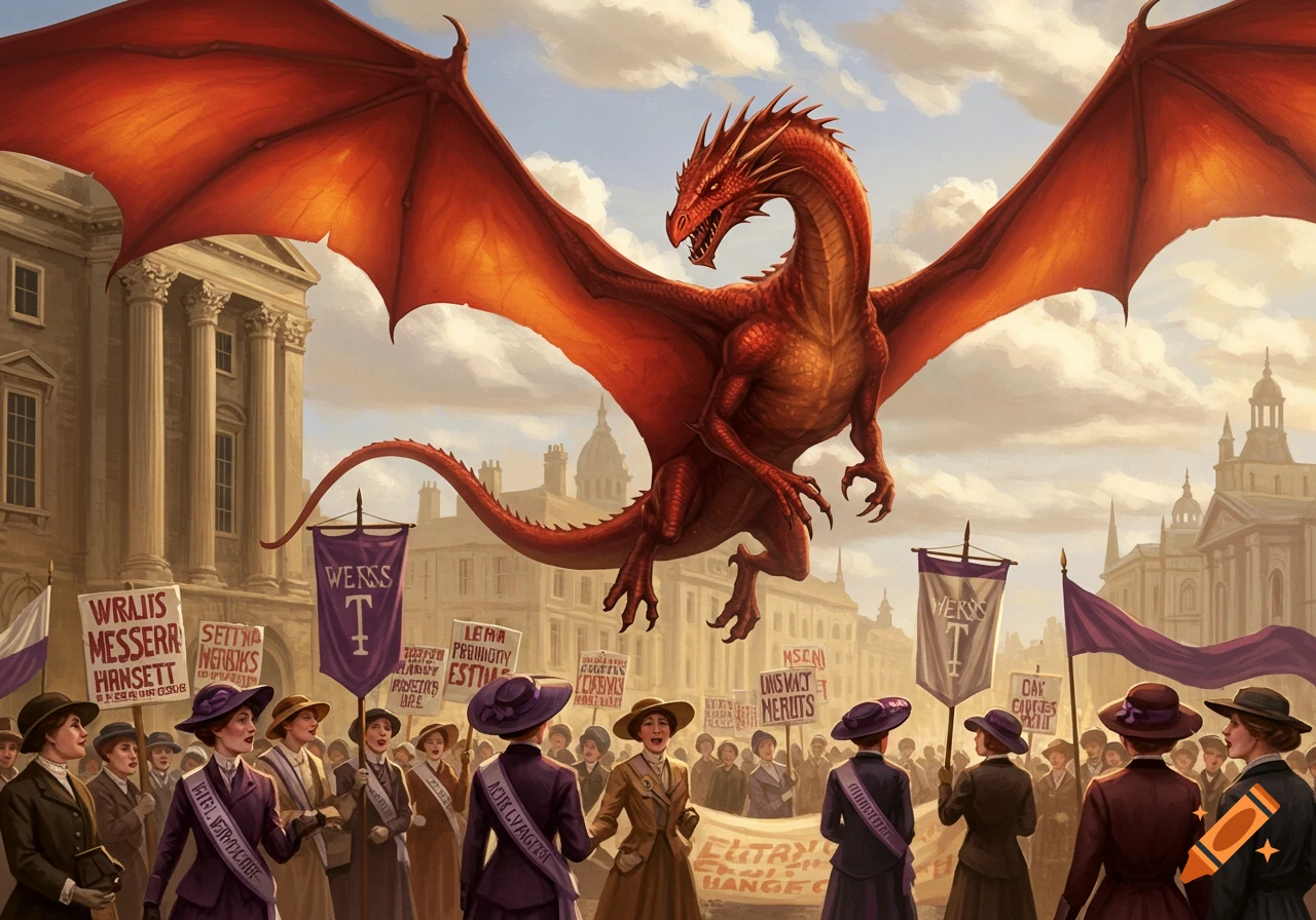 A large red dragon flies over a suffragette rally with women holding ...
