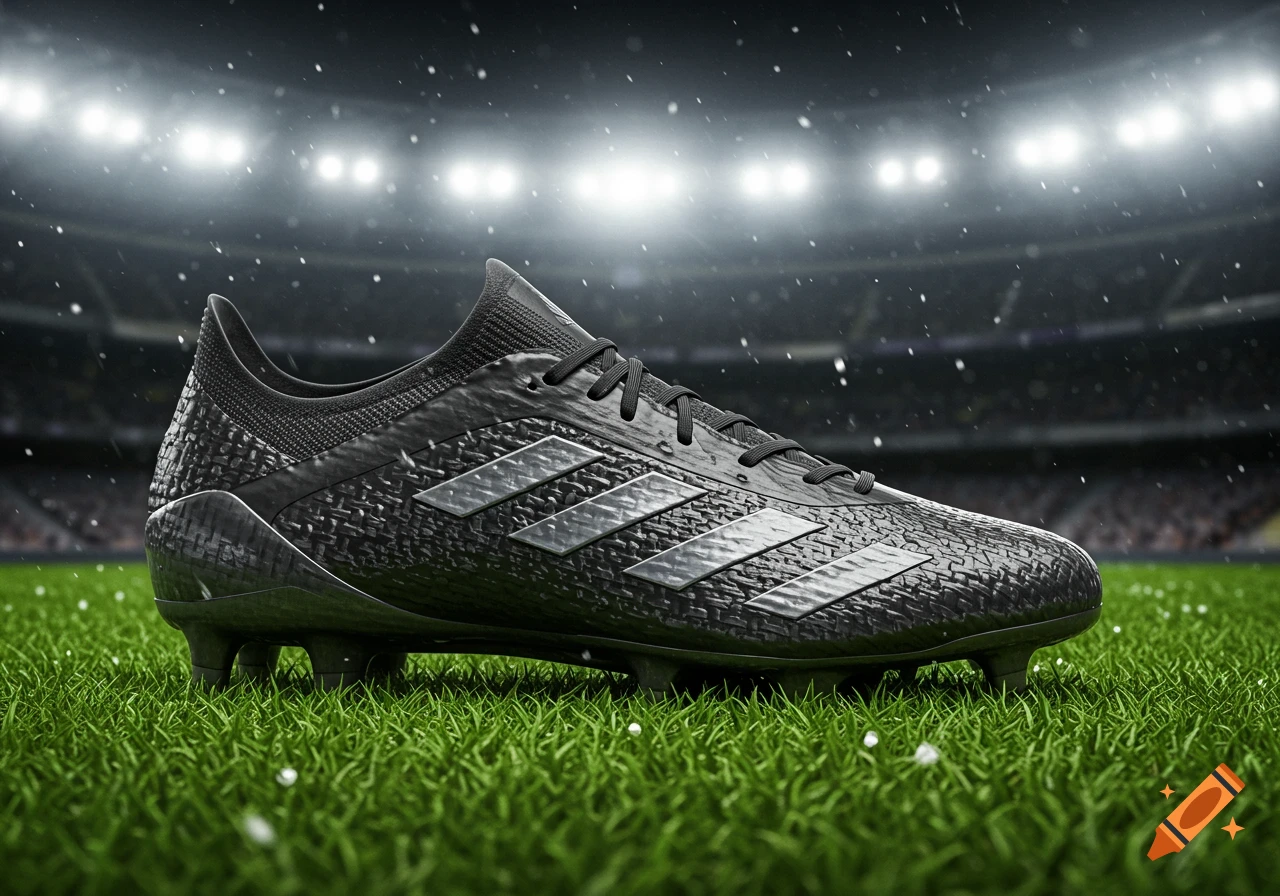 Photorealistic black football boot with silver stripes on a green grass ...