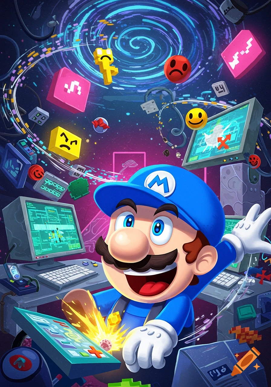 Luigi gives a thumbs up next to a blue circuit-board human silhouette ...