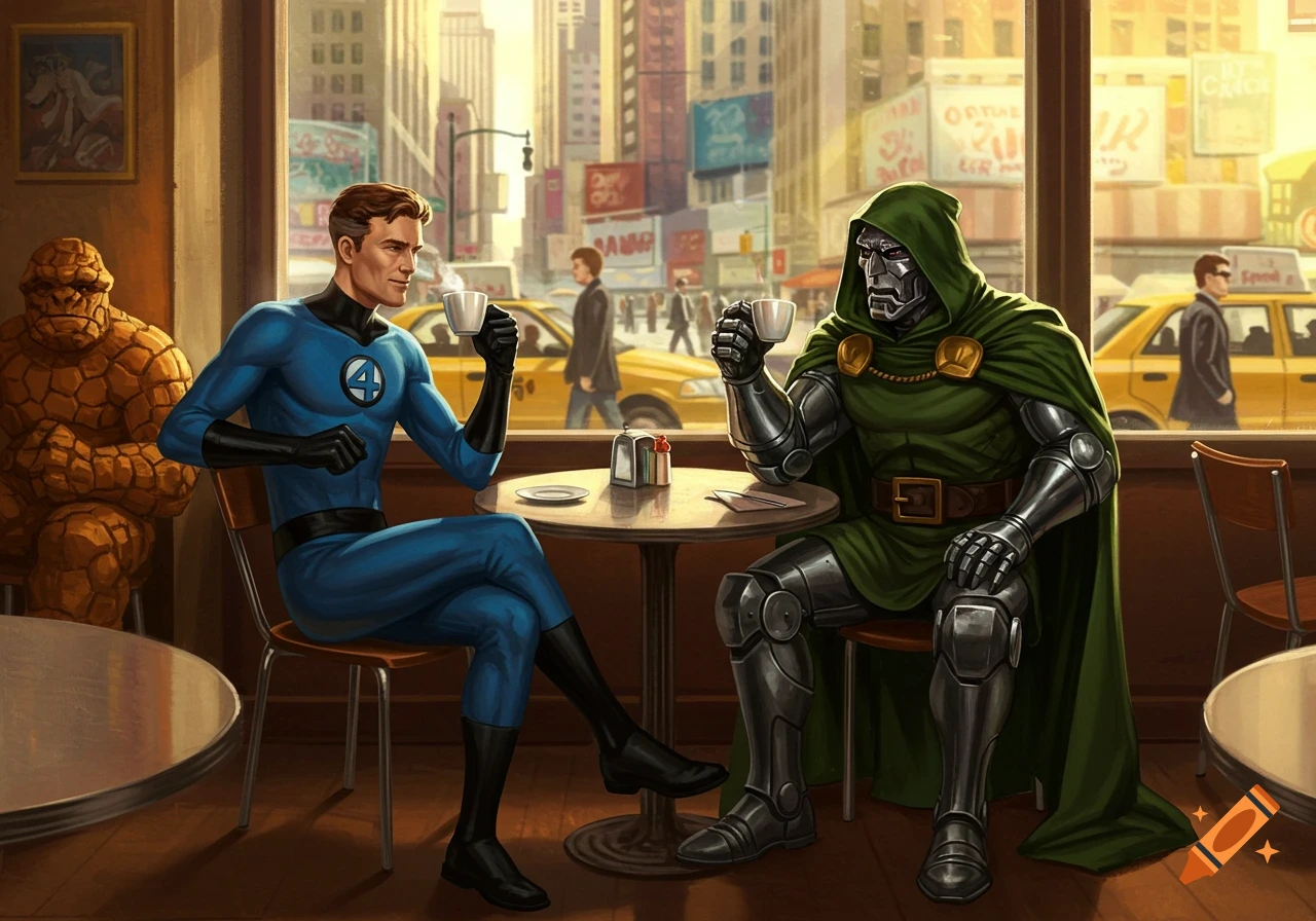 Mr. Fantastic and Doctor Doom drink coffee at a cafe table while The ...
