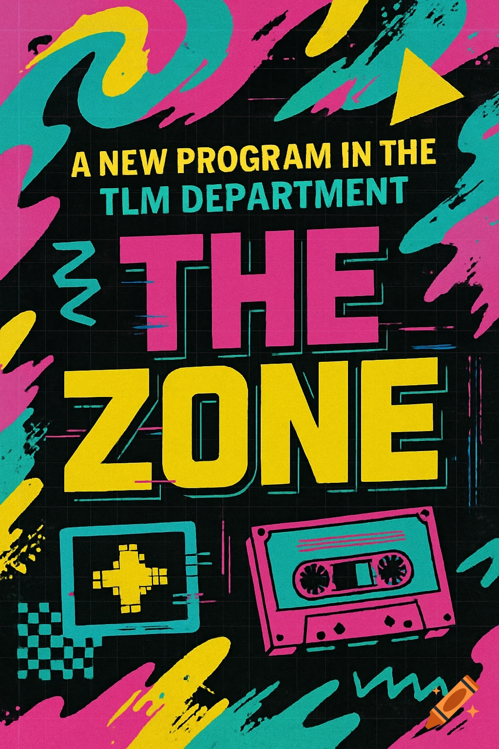 A colorful, retro 90s-inspired flyer with text "A NEW PROGRAM IN THE ...