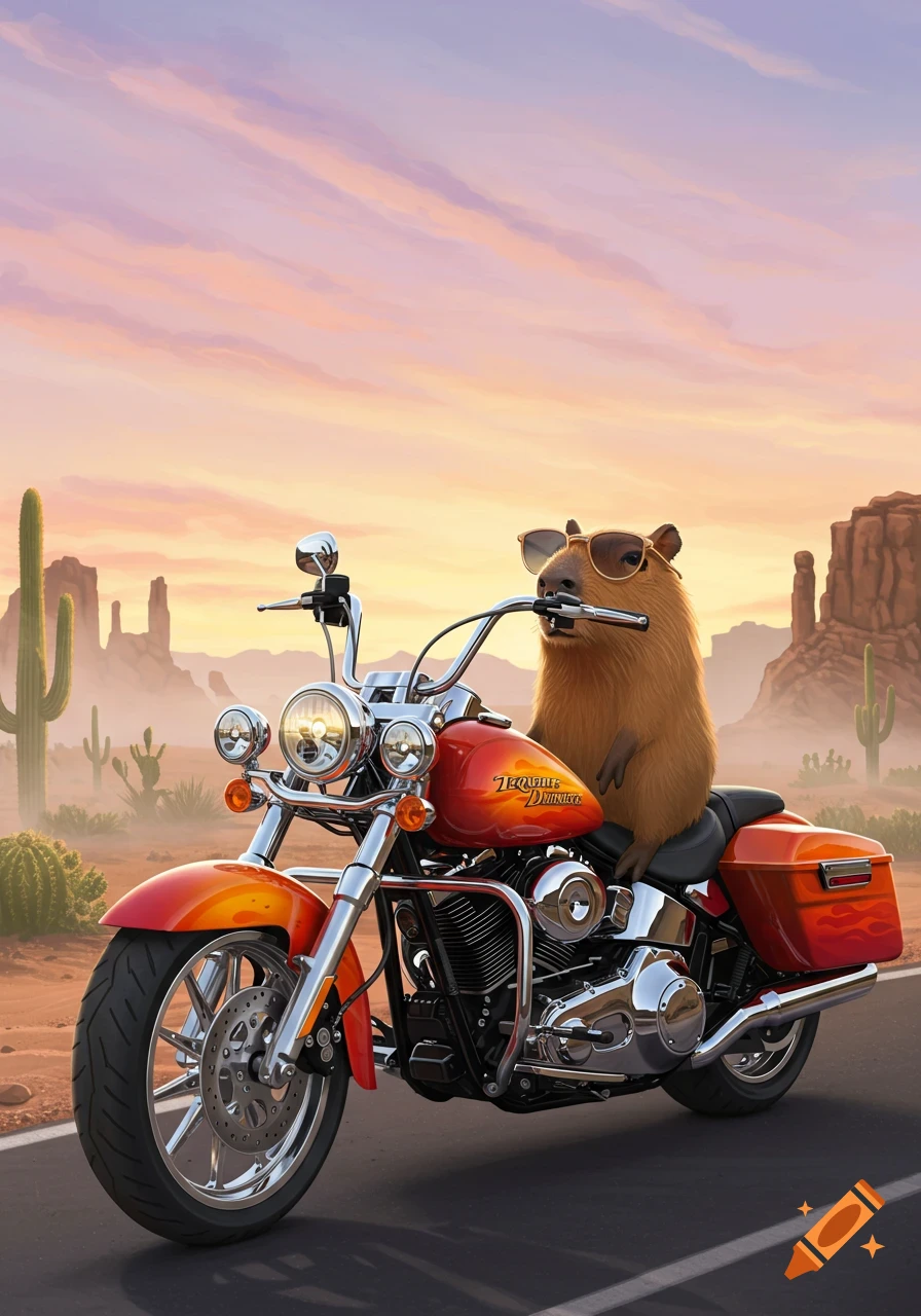 A capybara wearing sunglasses rides an orange and red Harley Davidson ...