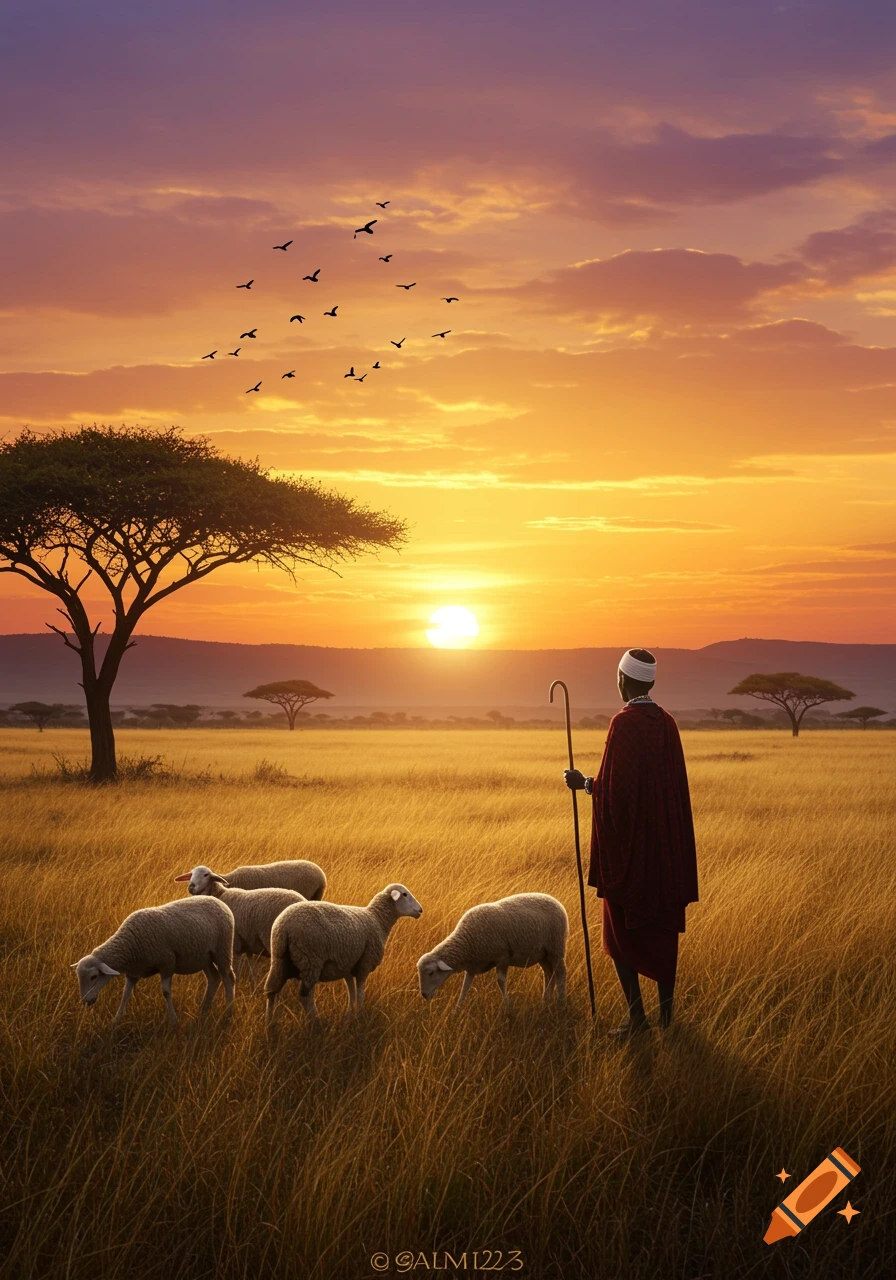 A shepherd watches over a flock of sheep grazing in a golden savanna ...