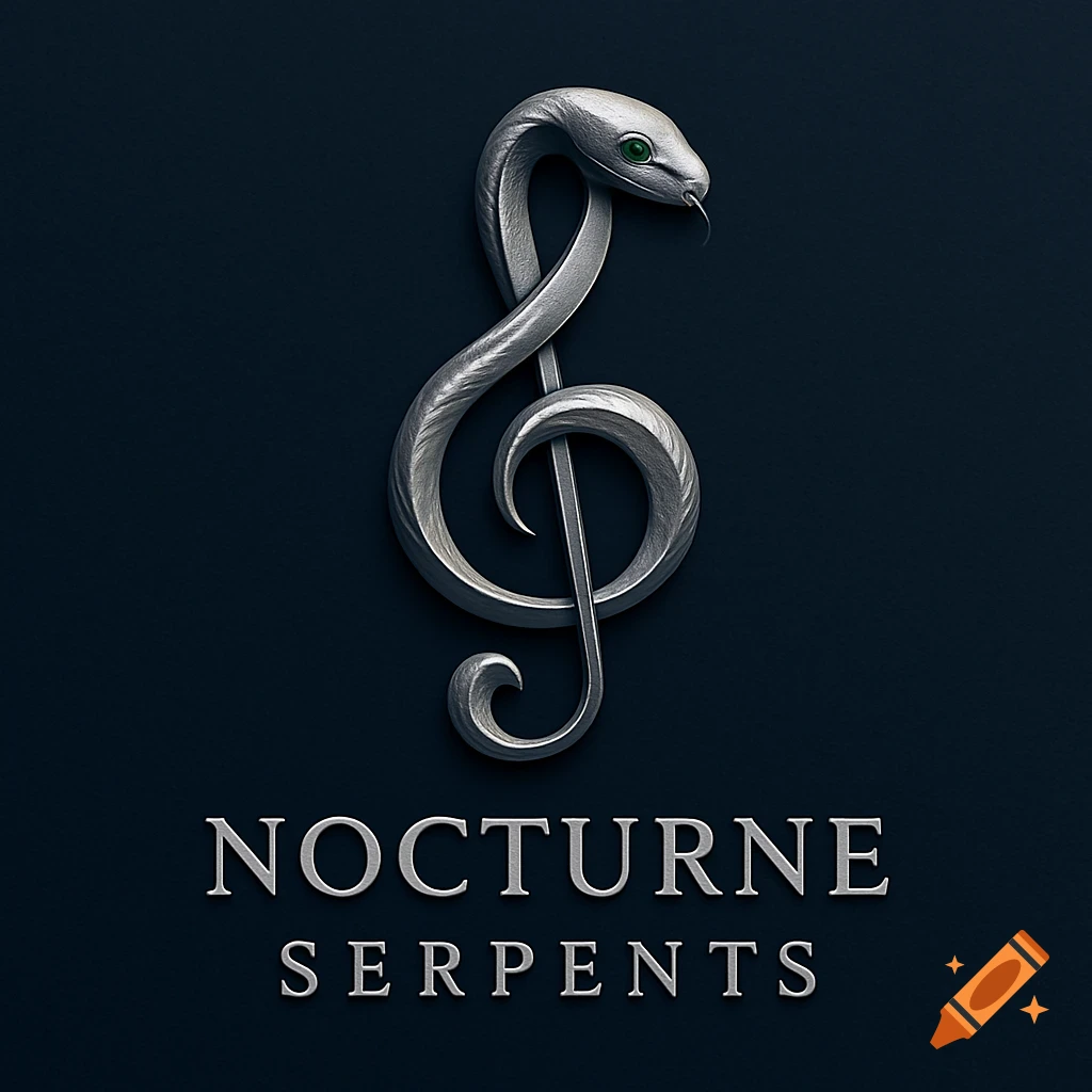 A silver metallic logo combining a snake and a treble clef, with the ...