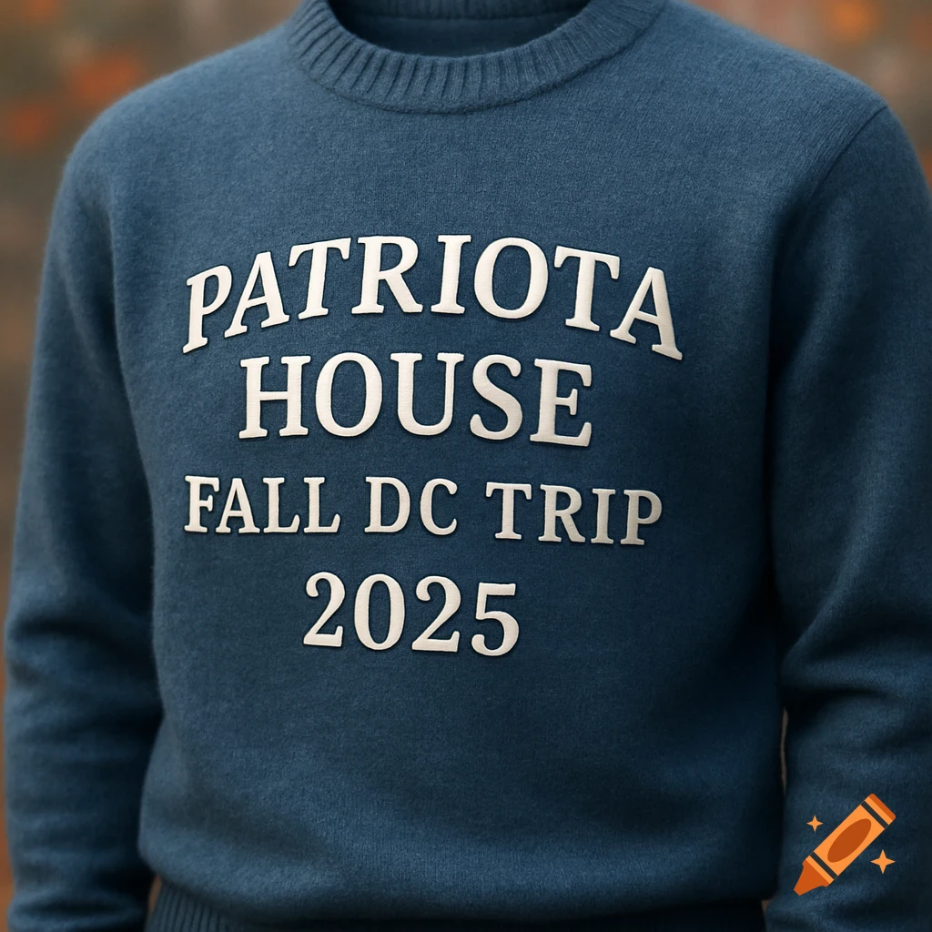 Close-up of a blue sweater with white text "PATRIOTA HOUSE FALL DC TRIP ...