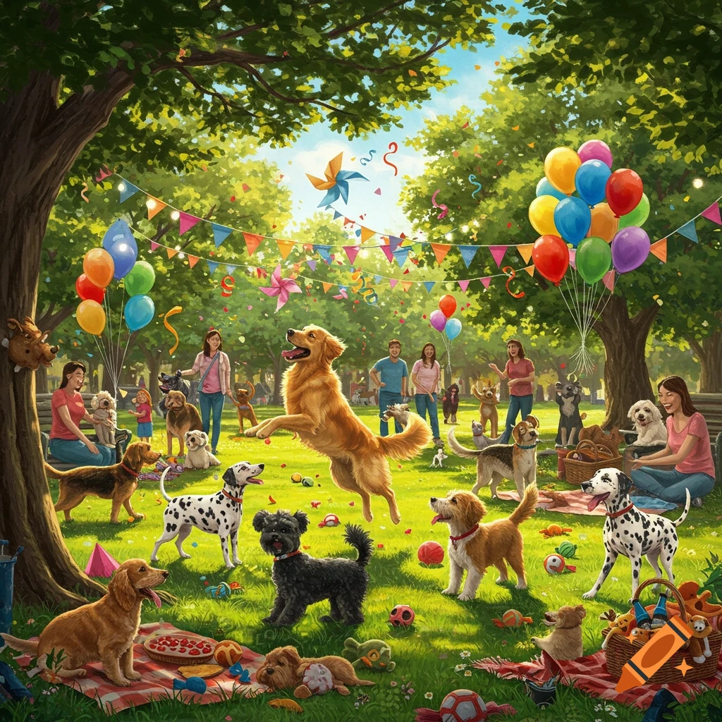 A vibrant illustration of numerous happy dogs of various breeds playing ...