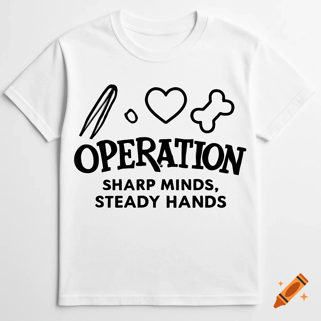 White t-shirt with black text 'OPERATION: SHARP MINDS, STEADY HANDS ...