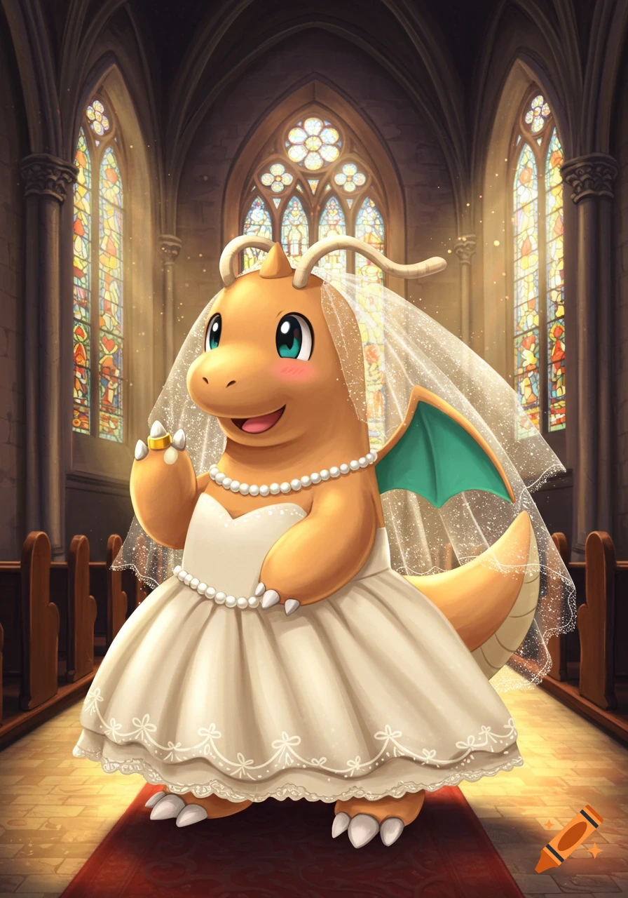 A happy Dragonite in a white wedding dress and veil, holding up a ring ...