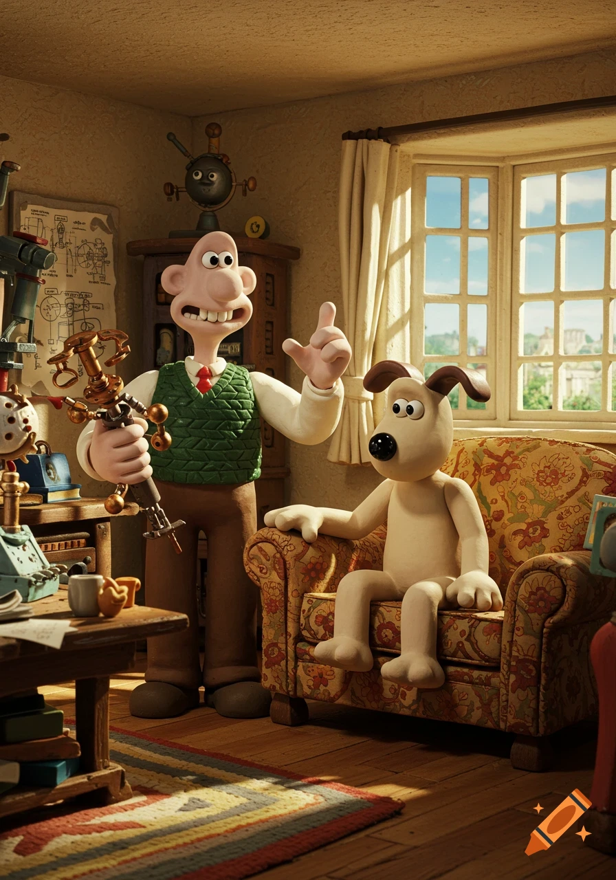 Gromit and Quaxly stand on green grass surrounded by splashing water ...