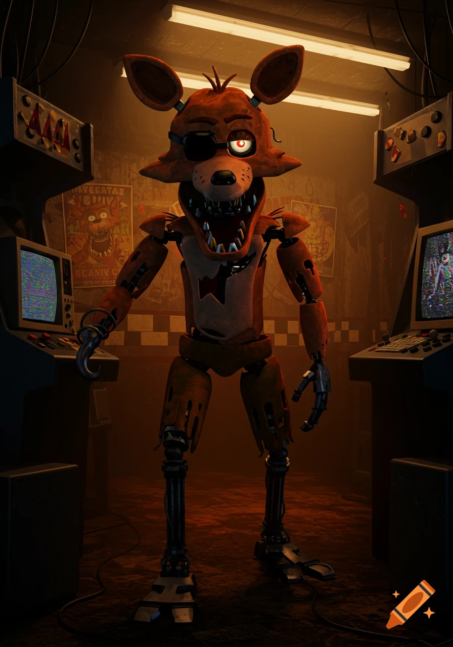 The Foxy animatronic from Five Nights at Freddy's stands in a dimly lit ...