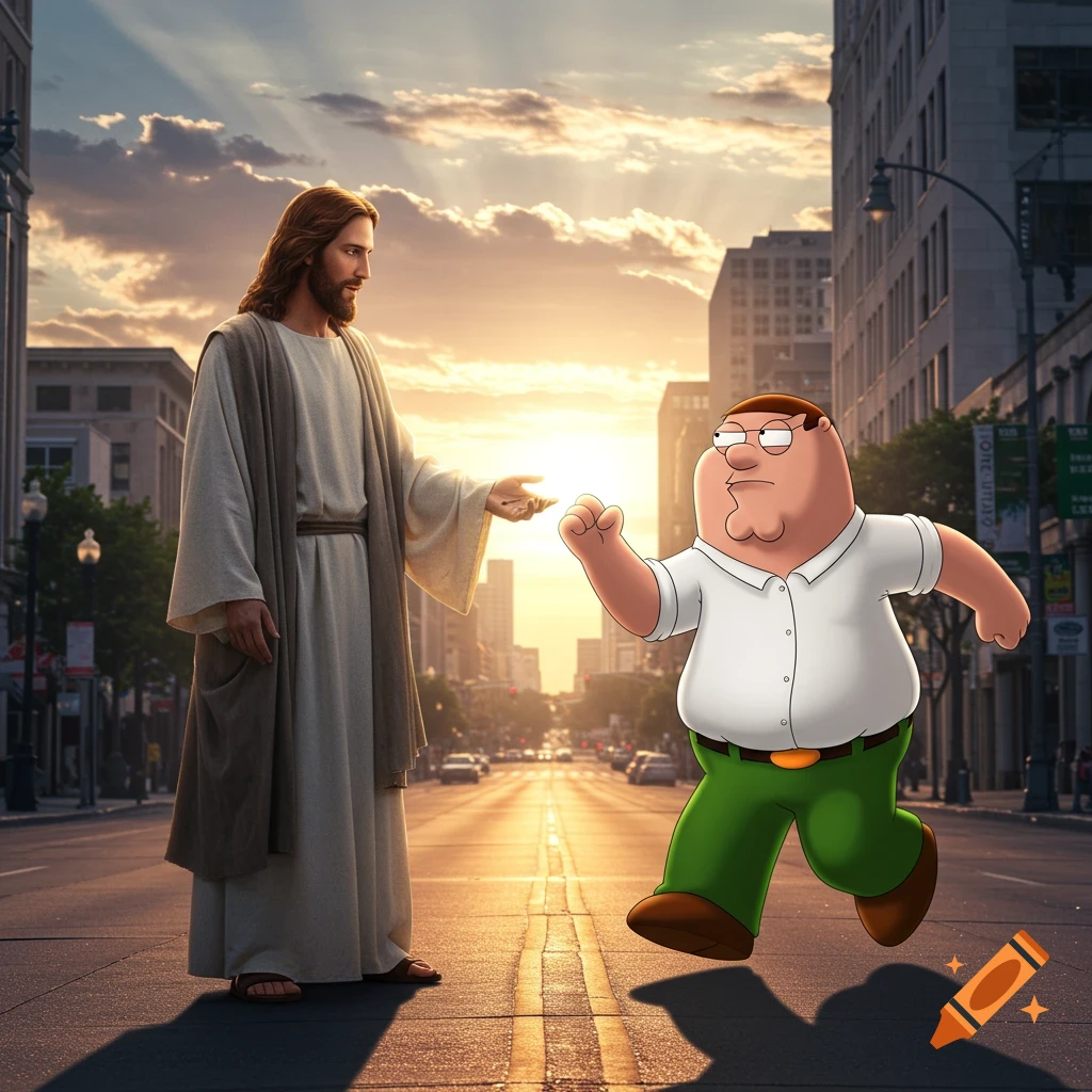 Peter Griffin giving food to a homeless person on a city street at ...