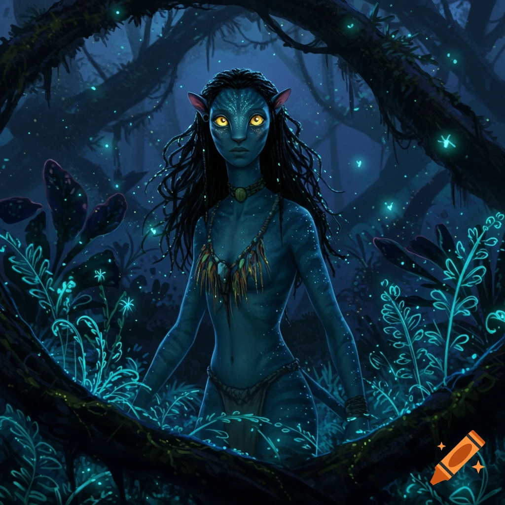 A blue-skinned character resembling Neytiri from Avatar stands in a ...