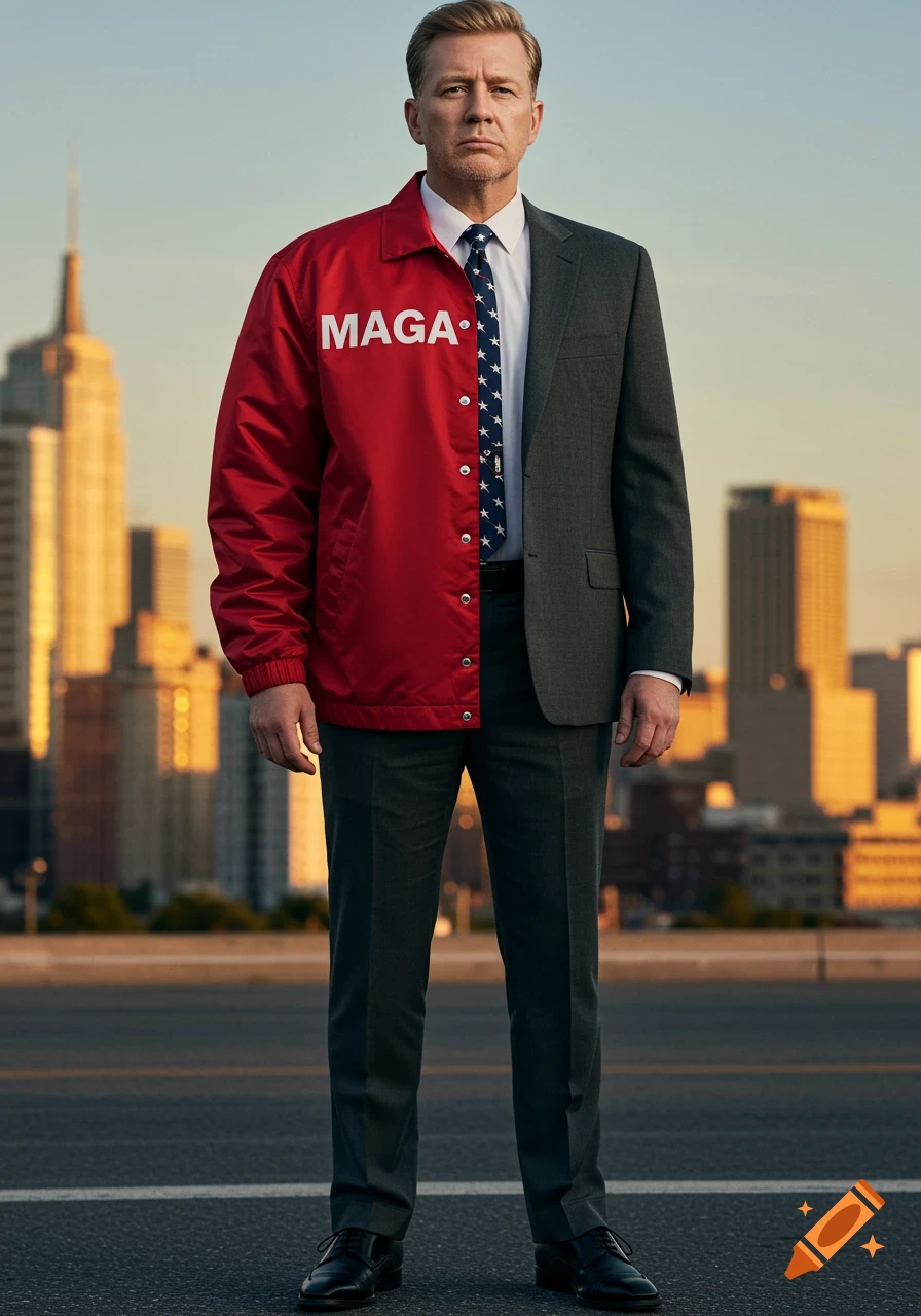 A serious man wears a split outfit: a red MAGA jacket on his left side ...