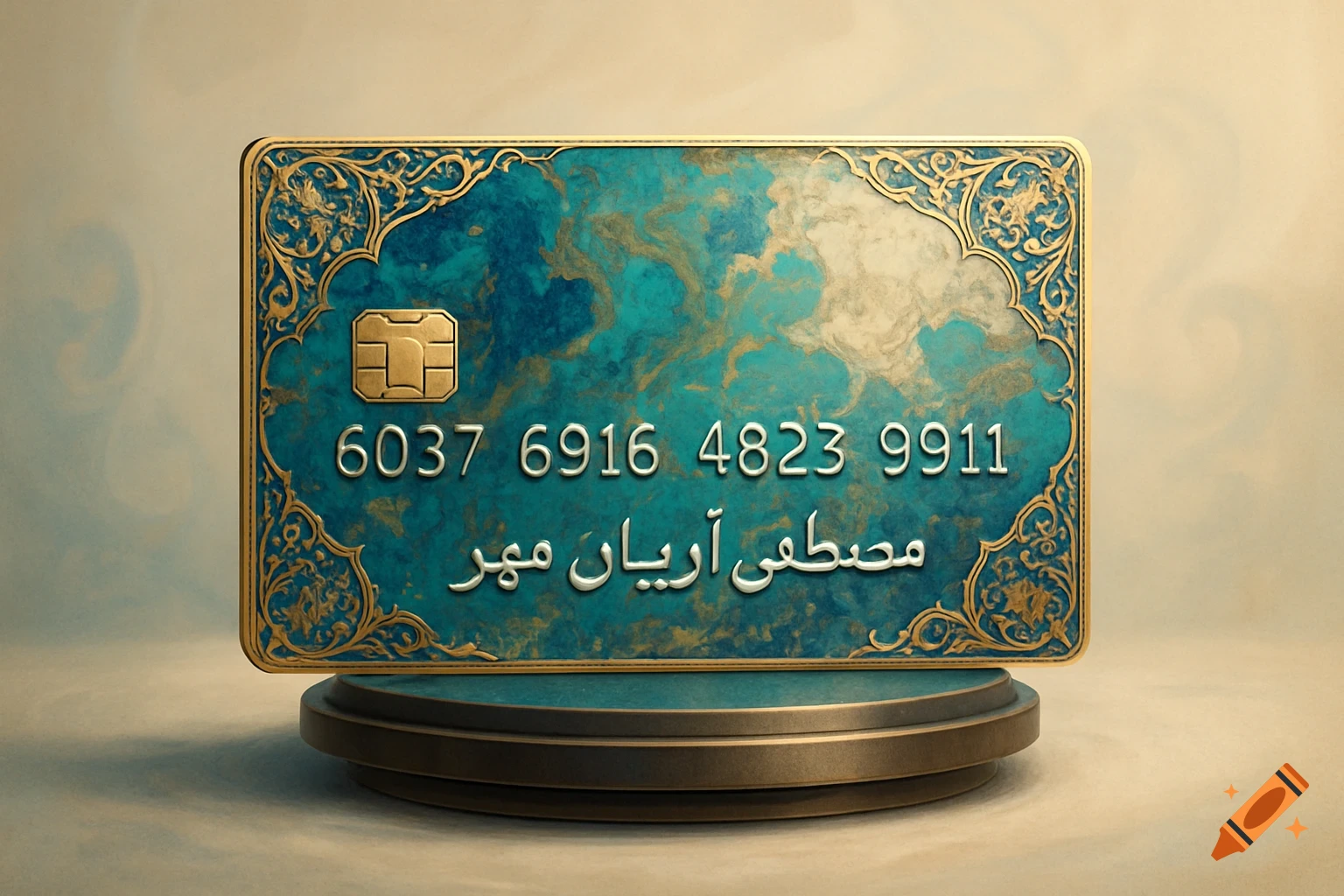 A luxurious digital bank card with a teal and gold marble pattern, gold ...