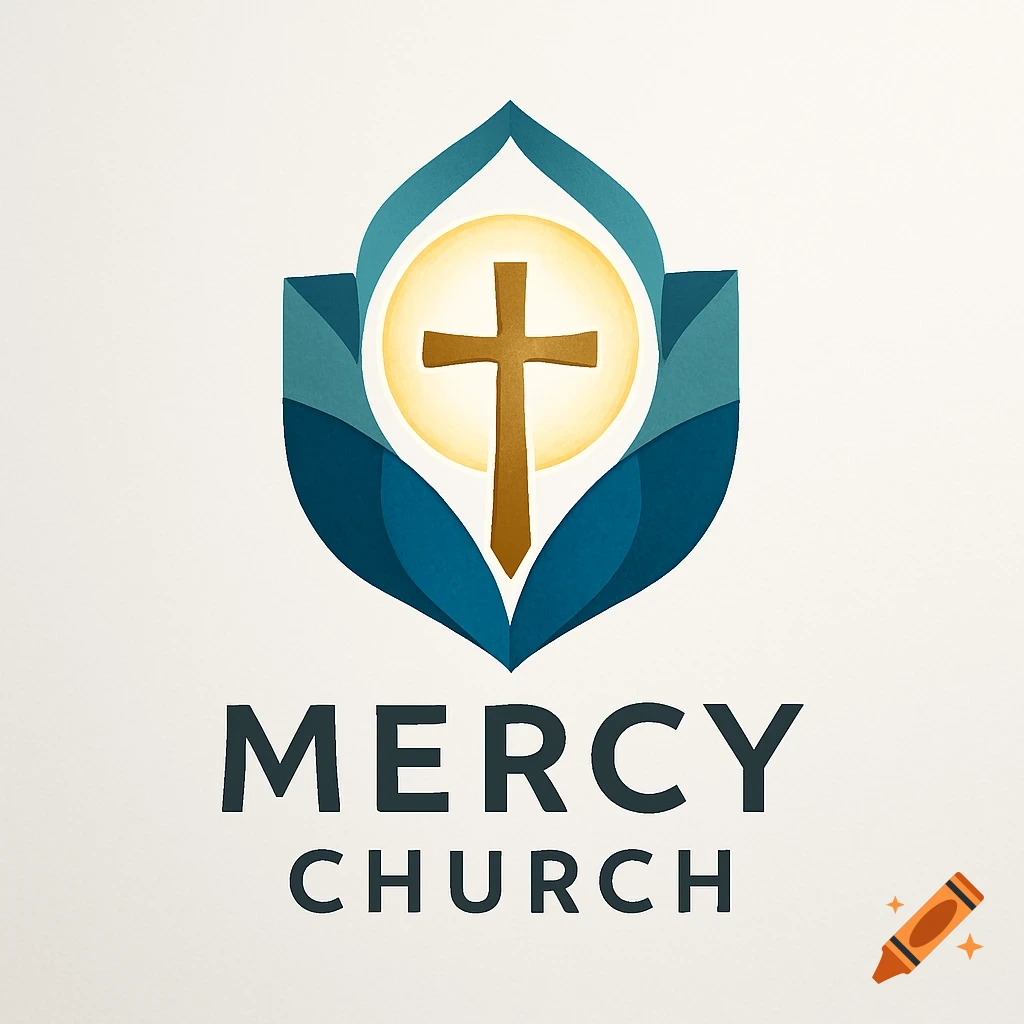 A modern logo for Mercy Church featuring a golden cross inside a bright ...