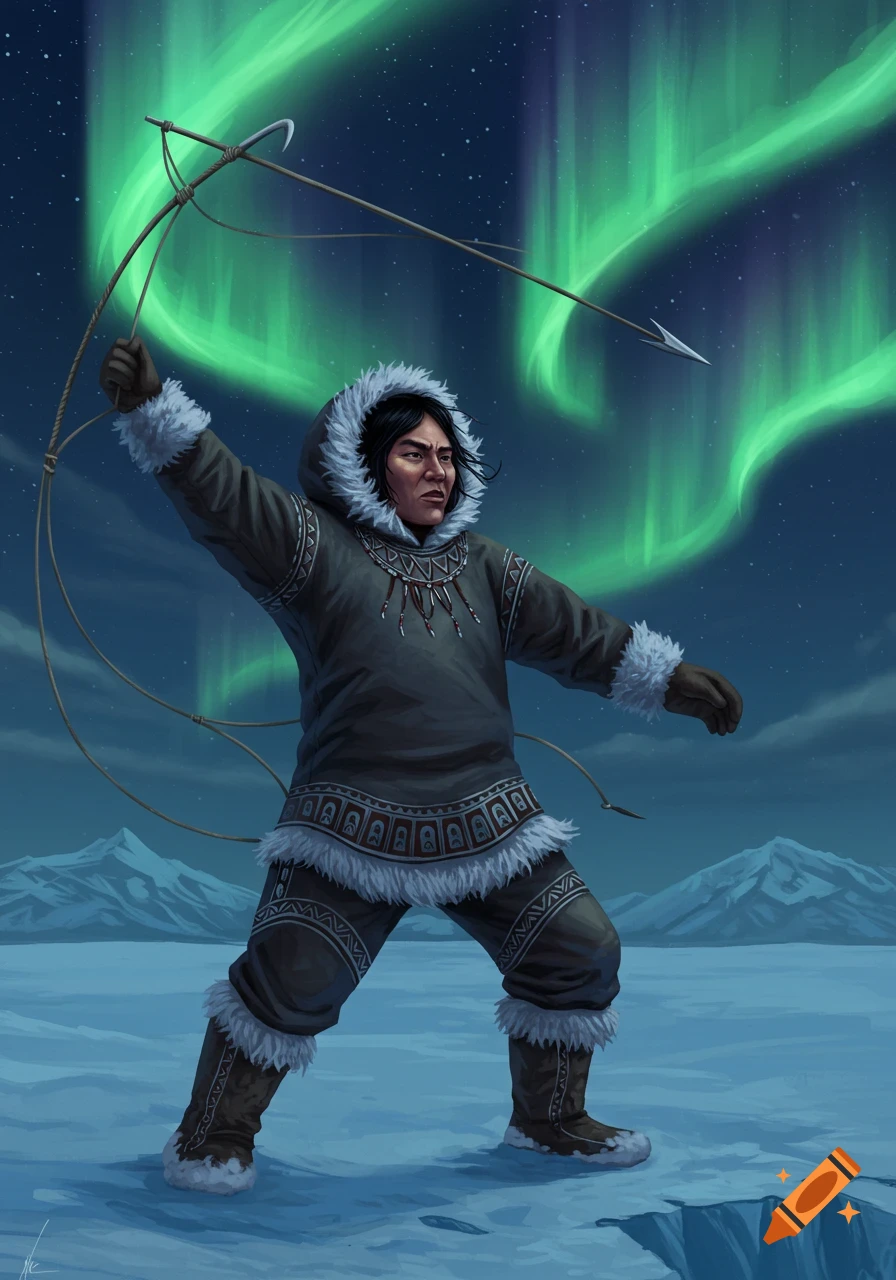 An Inuit man in traditional fur-lined clothing throws a harpoon against ...
