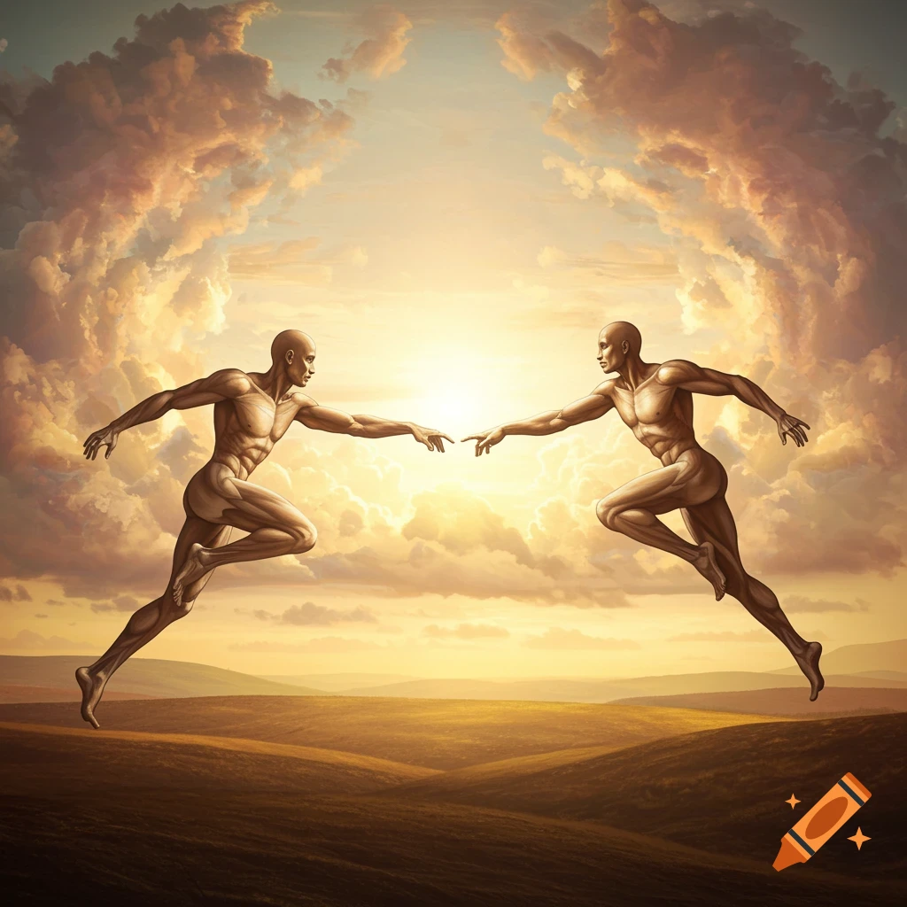 Two muscular, anatomical figures reach out to each other mid-leap in a ...