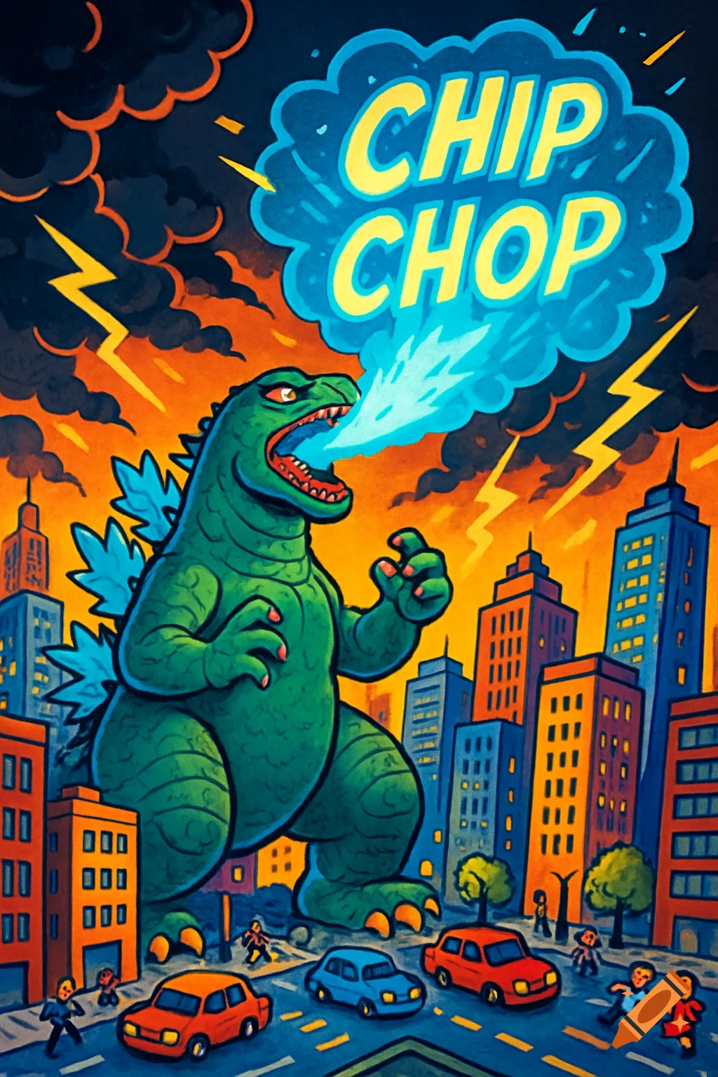 Cartoon Godzilla breathing blue atomic fire over a city, with lightning ...