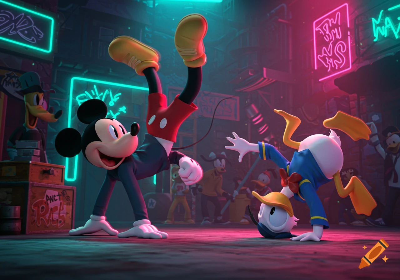 Mickey Mouse and Donald Duck breakdancing under neon lights in a ...