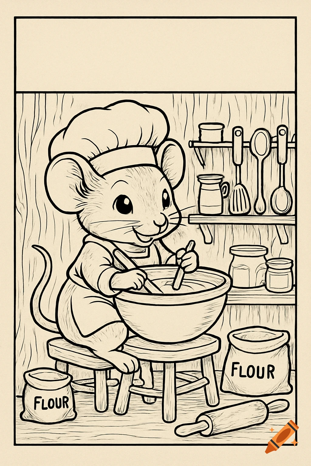 A charming cartoon mouse chef stirring batter in a bowl, with flour ...