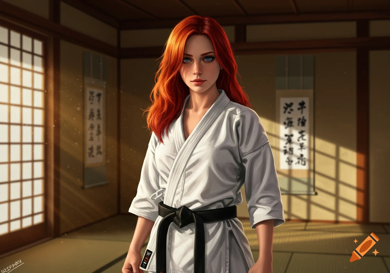 A red-haired woman in a white karate gi and black belt stands in a ...