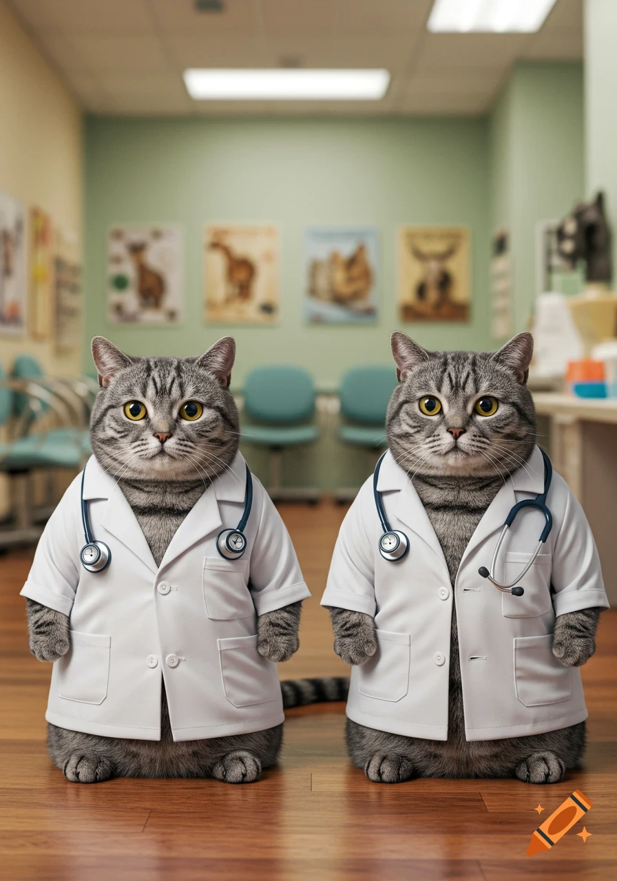 Photorealistic image of two plump grey tabby cats wearing white doctor ...