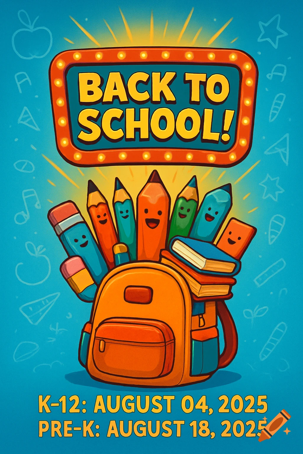 A colorful cartoon back to school poster with a backpack ...