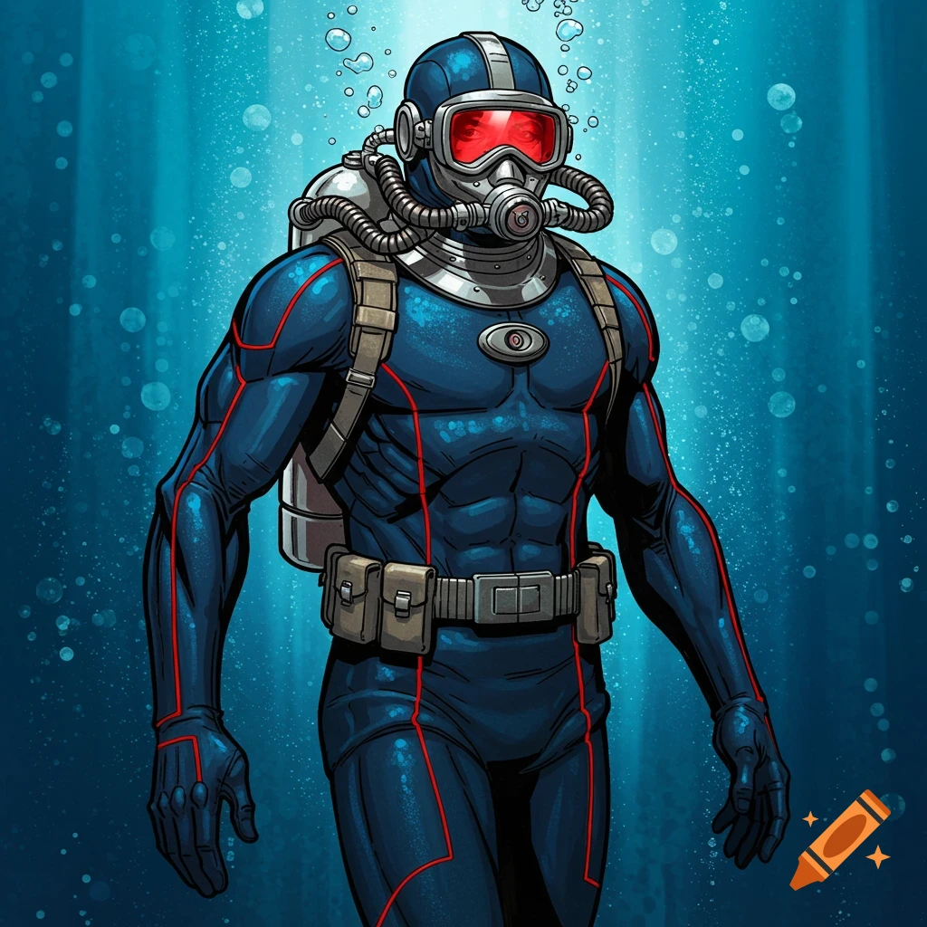 A full-body comic book style illustration of a superhero in a dark blue ...