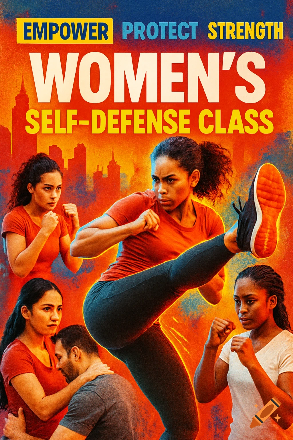 Action-oriented flyer for a women's self-defense class, featuring women in various martial arts ...