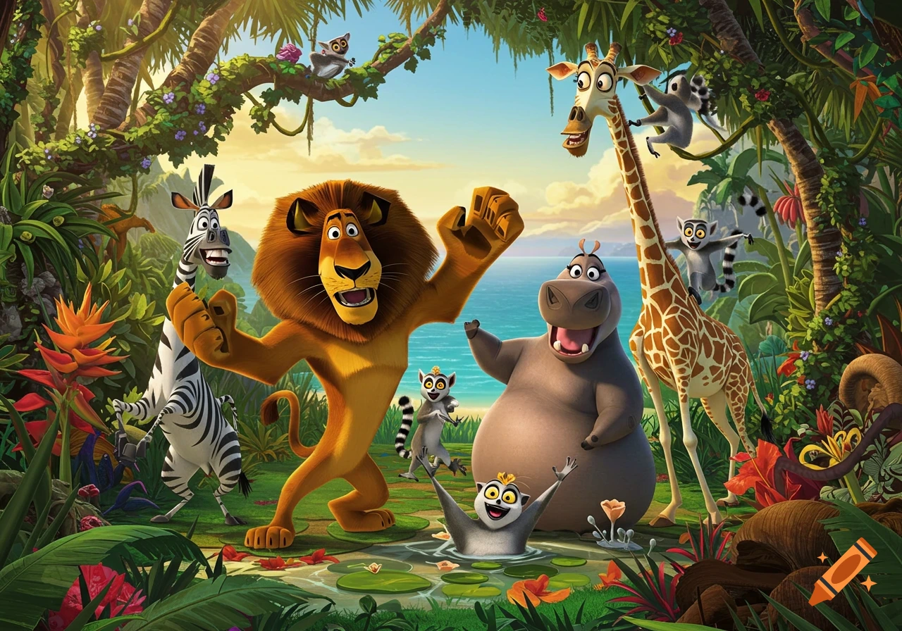 Animated characters from the Madagascar movie, including a lion, zebra ...